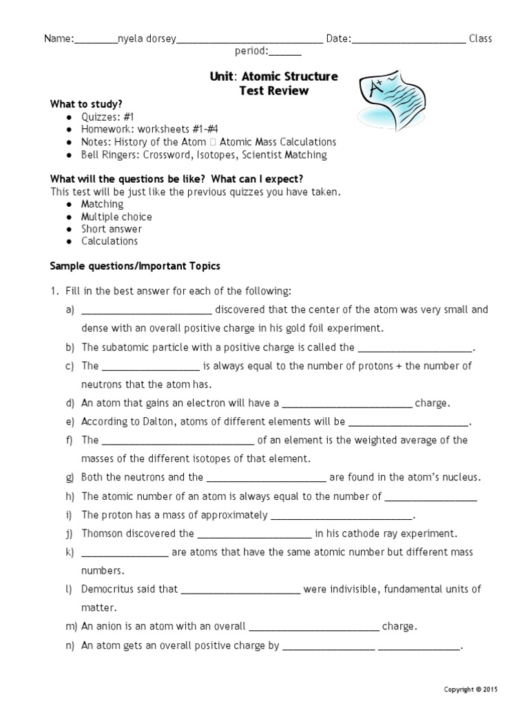 Unit: Atomic Structure Test Review: What To Study? | PDF | Atoms | Isotope