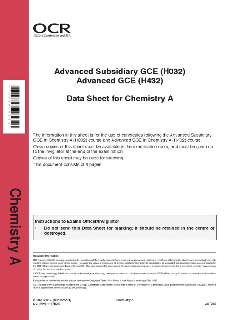 As Level Chemistry A H032 - 01 Data Booklet CST263 | PDF | Atoms ...