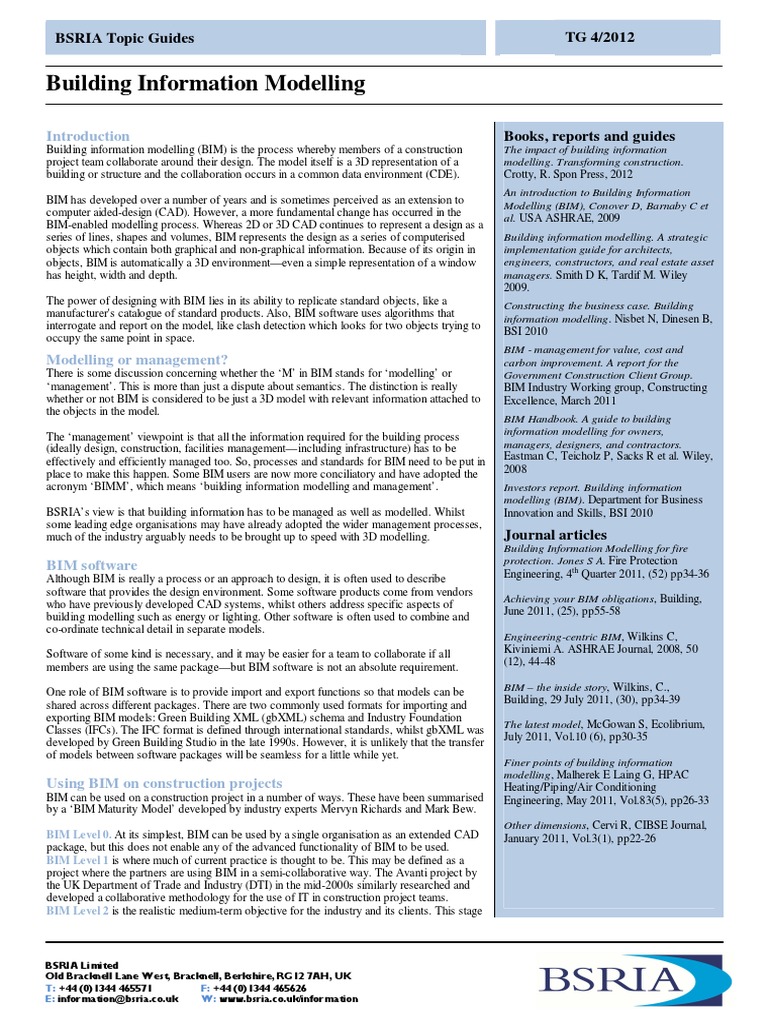 Building Information Modelling: BSRIA Topic Guides TG 4/2012 | PDF ...
