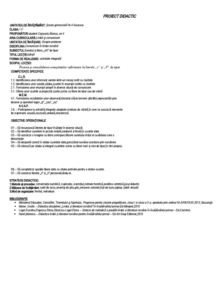 Proiect Didactic CLR Bianca Cojocariu | PDF