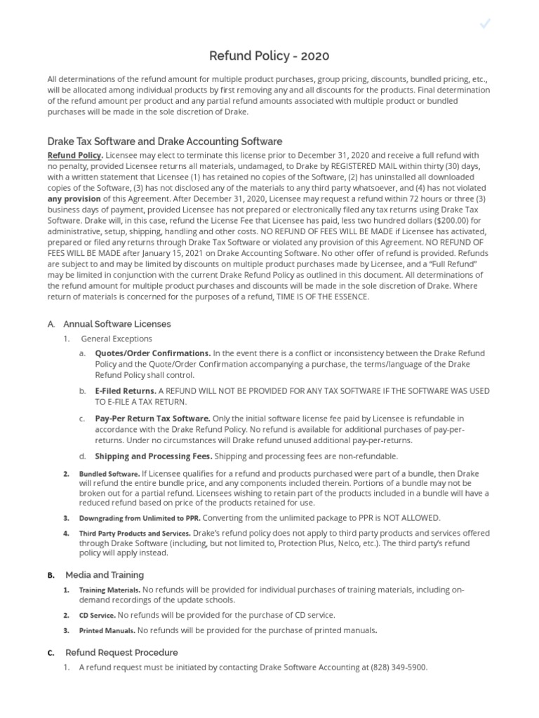 Refund Policy - 2020: Drake Tax Software and Drake Accounting Software ...