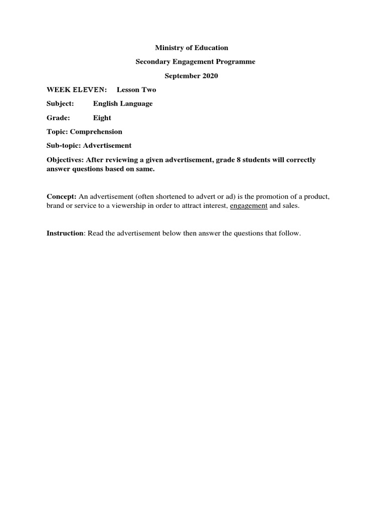 Grade 8 English Language Week 11 Lesson 2 and Answer Sheet | PDF ...