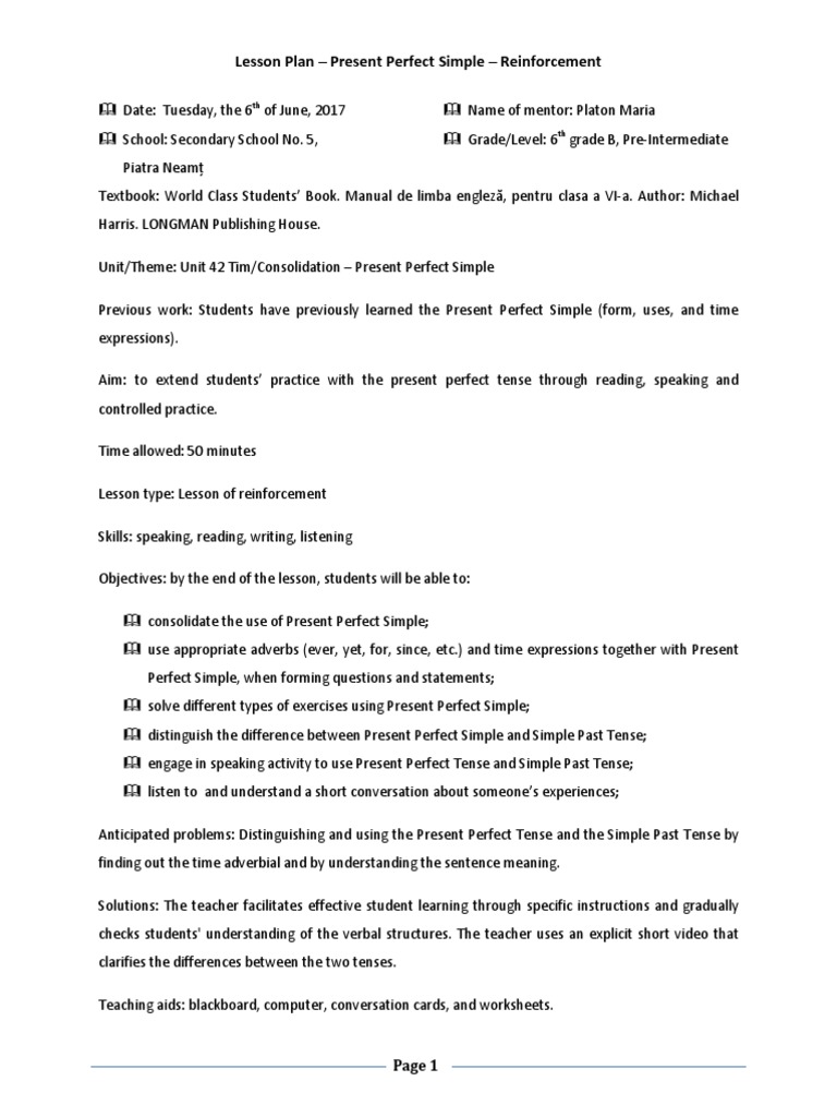 6th Grade Present Perfect Lesson Plan | PDF | Lesson Plan | Grammatical ...