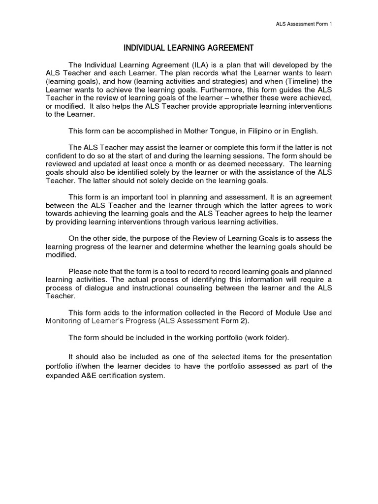 ALS Assessment Form 1 - ILA Description | PDF | Goal | Learning