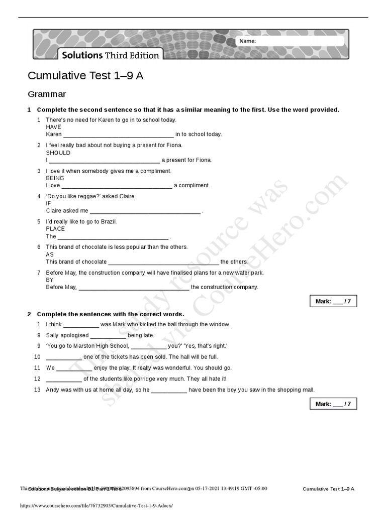 Cumulative Test 1 9 A | PDF