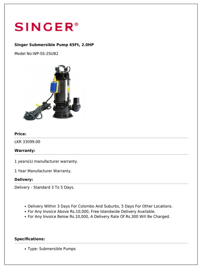 Singer Submersible Pump 65Ft, 2.0HP | PDF