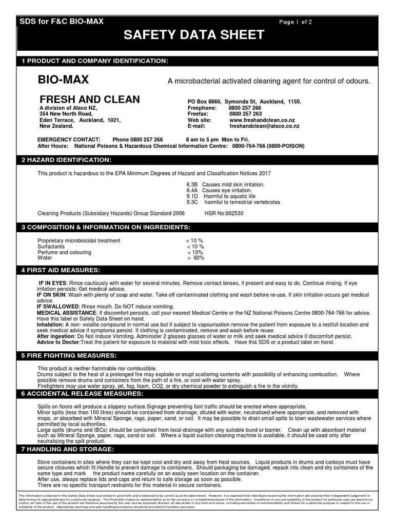 Fresh and Clean Bio Max Safety Data Sheet | PDF | Personal Protective ...