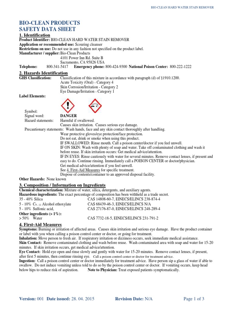 Bio-Clean Products Safety Data Sheet: 1. Identification | PDF ...