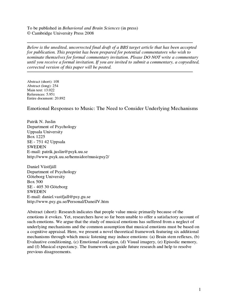 Juslin - Emotional Responses To Music | PDF | Classical Conditioning ...