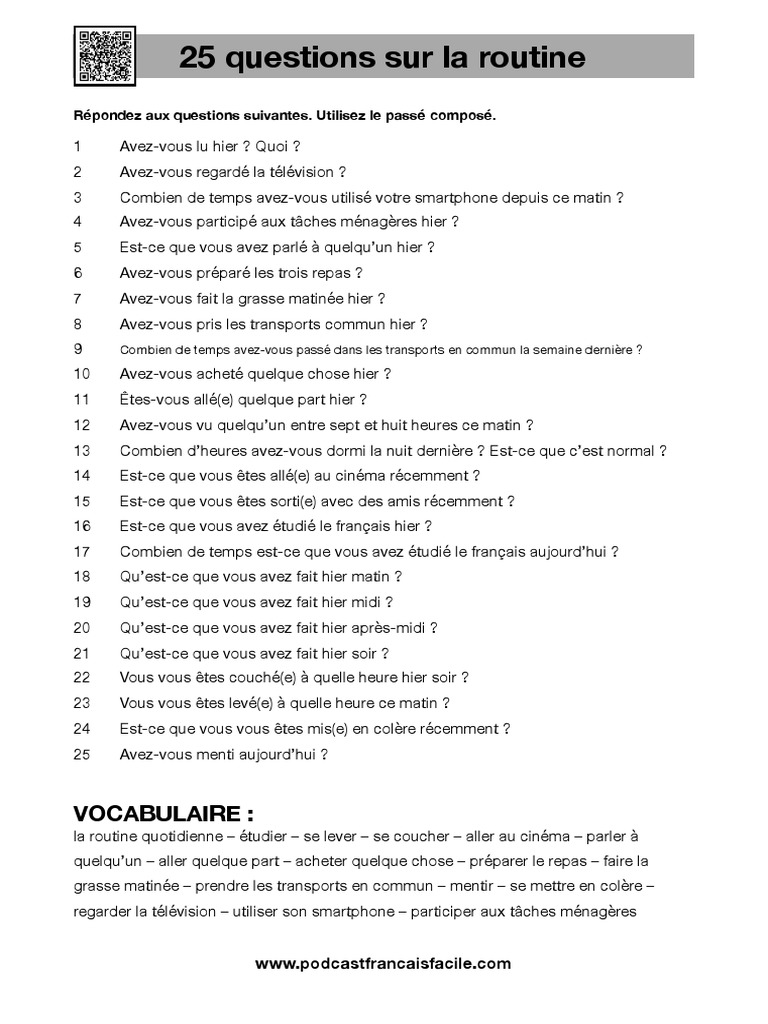 25 questions sur la routine quotidienne | PDF