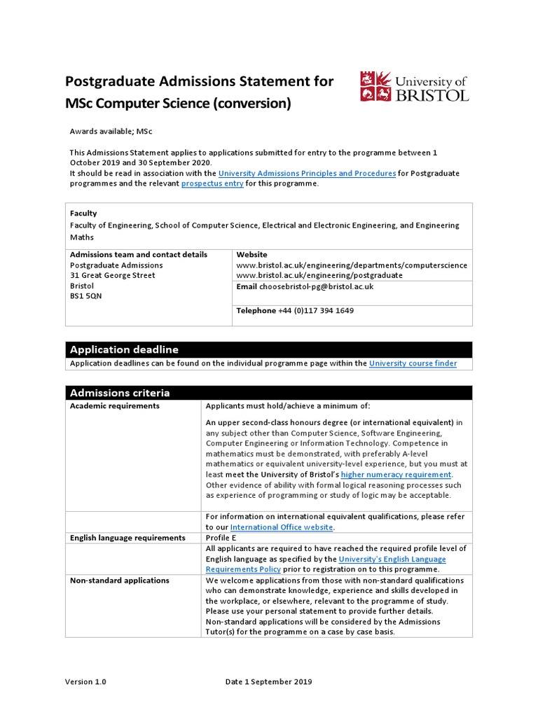 Postgraduate Admissions Statement For MSC Computer Science (Conversion) | Descargar gratis PDF ...