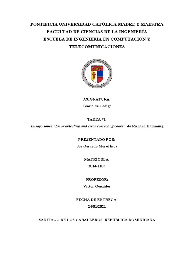 Ensayo Sobre Error Detecting And Error Correcting Codes De Richard 