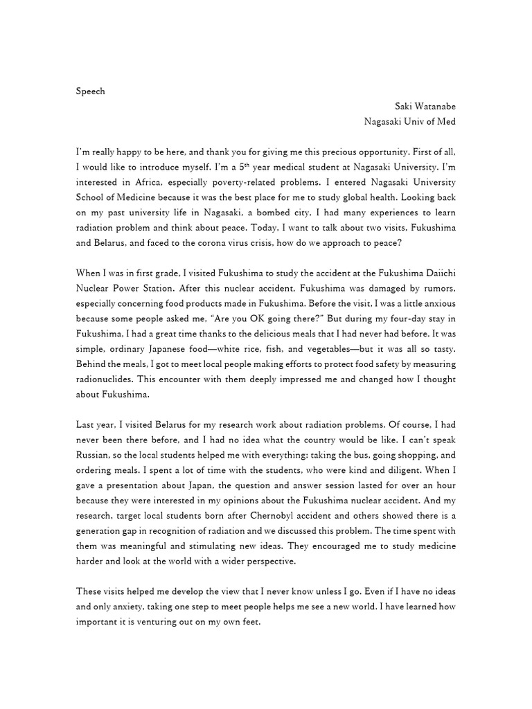 Speech by Saki | PDF | Fukushima Daiichi Nuclear Disaster | Foods