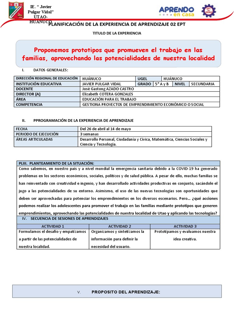 Planificación de La Experiencia de Aprendizaje 02 Ept | PDF | Evaluación | Aprendizaje