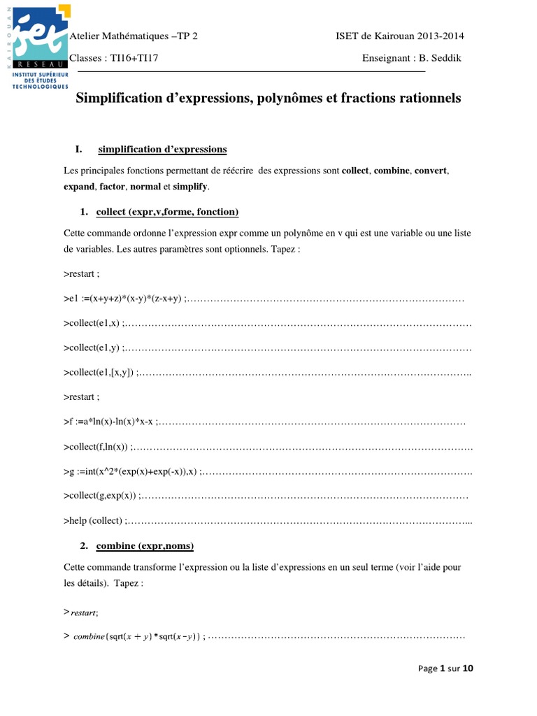 TP2 - Maple - Fonctions Compte - Rendu | PDF