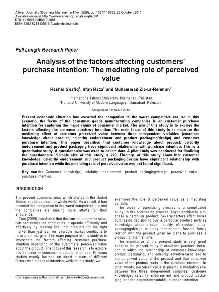 Analysis of The Factors Affecting Customers' Purchase Intention: The Mediating Role of Perceived ...