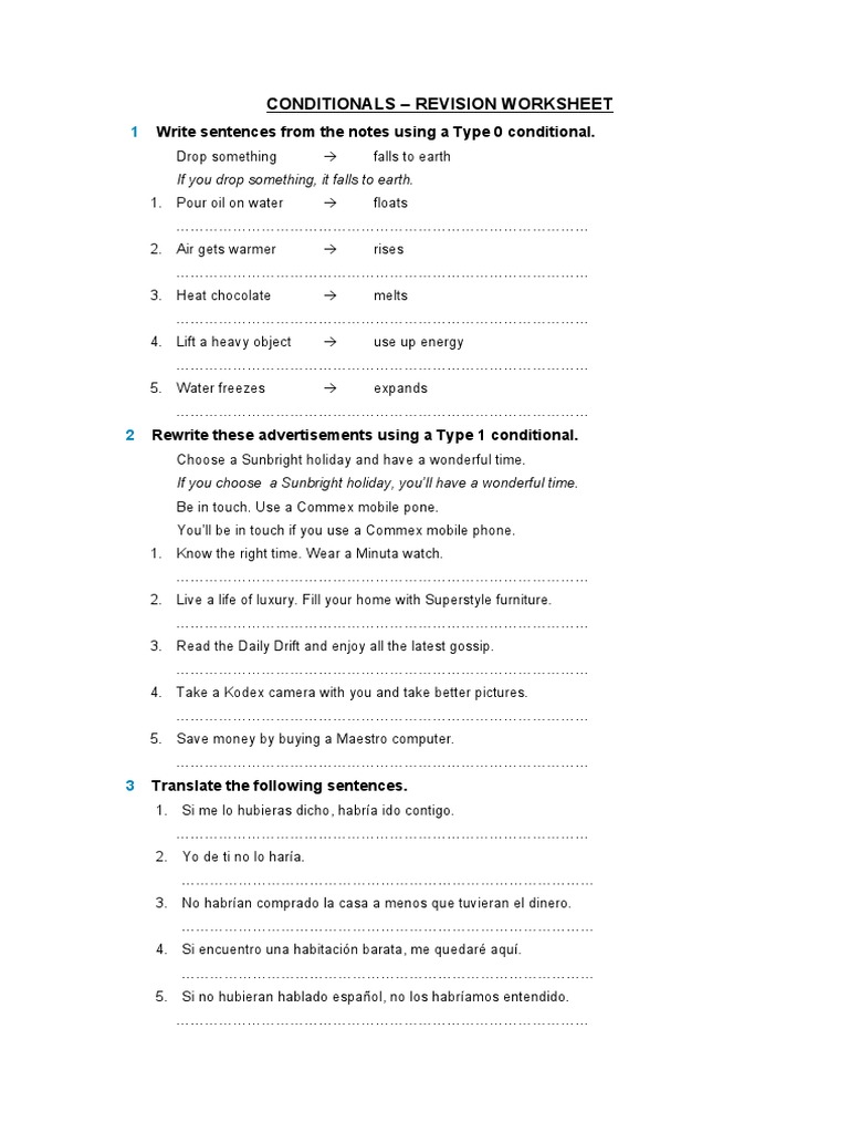 Conditionals - Revision Worksheet: Write Sentences From The Notes Using ...