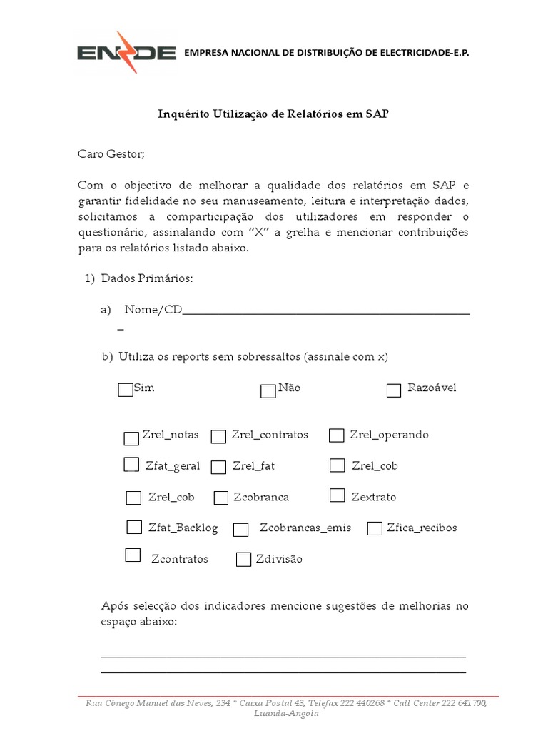 Modelo - Inquérito - Satisfação - Na Utilização de Relatórios | PDF ...