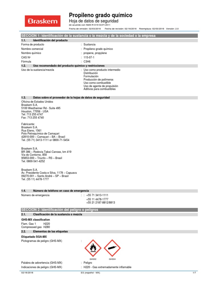 SDS Chemical Grade Propylene - ES MX | PDF | Combustión | Toxicidad