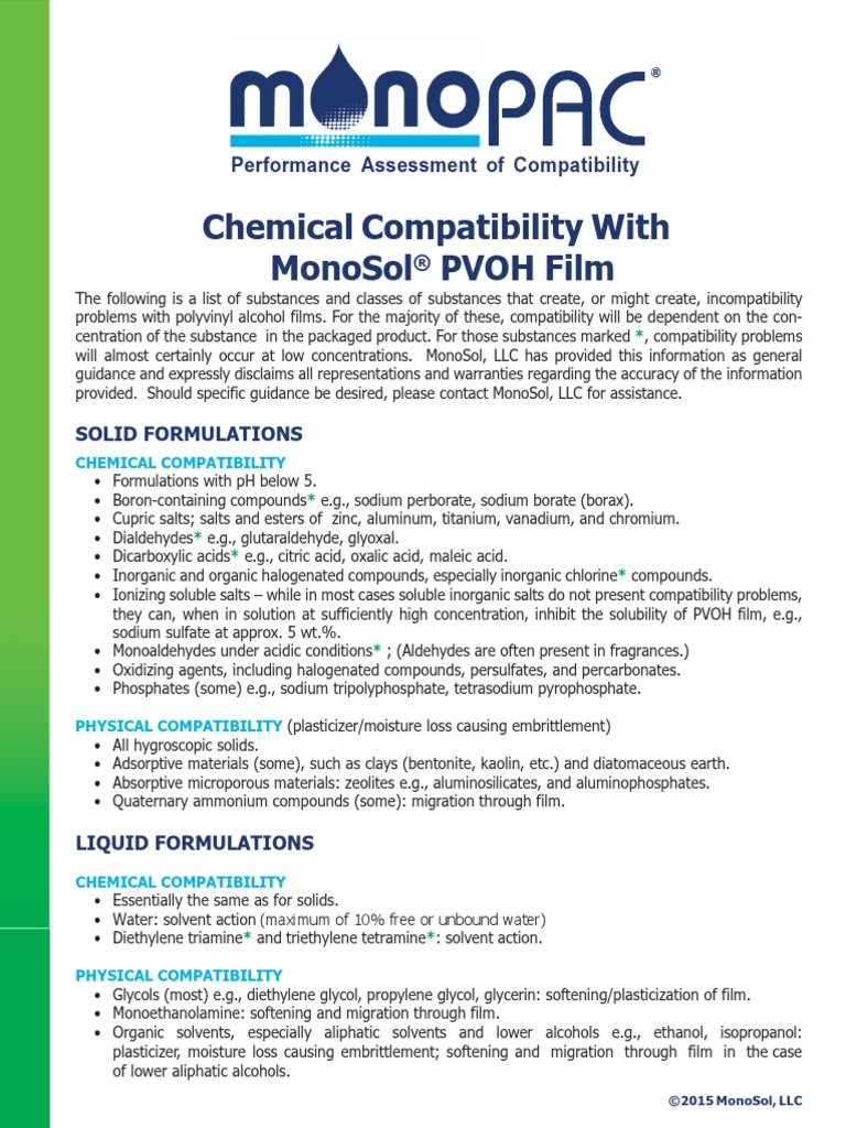 MonoPAC Chemical Compatibility With MonoSol PVOH Film | PDF | Sodium ...