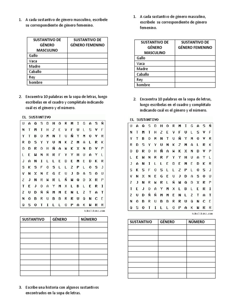 Sopa de letras: sustantivos y géneros | PDF