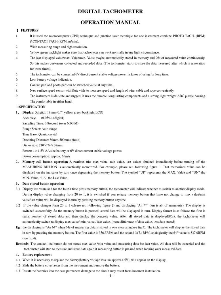 Digital Tachometer Operation Manual | PDF | Switch | Equipment
