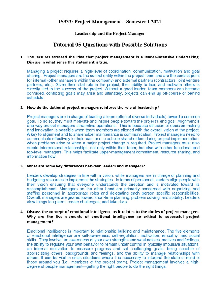 Tutorial 05 Questions With Possible Solutions: IS333: Project Management - Semester I 2021 ...