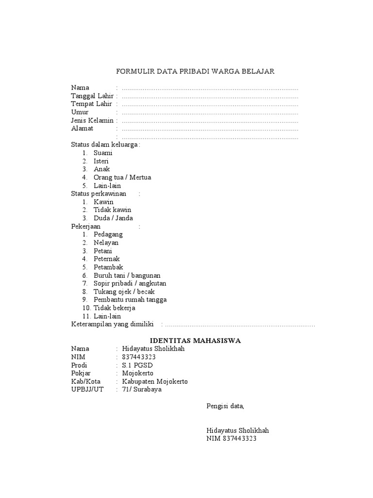 Formulir Data Pribadi Warga Belajar | PDF