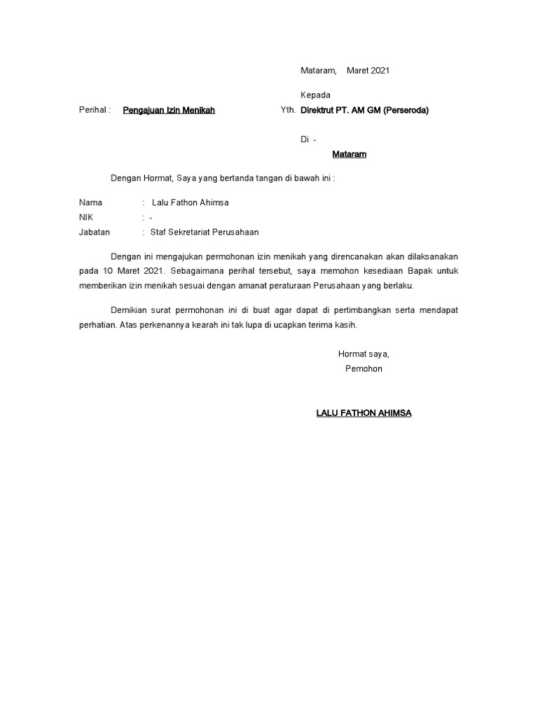 Surat Izin Menikah Dan Cuti Menikah Pdf