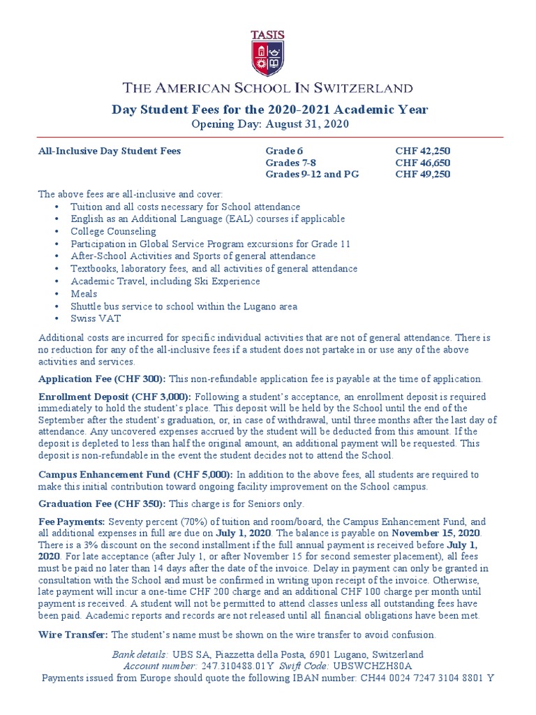 TASIS Day Student Fees 2020-2021 | PDF | Fee | Wire Transfer