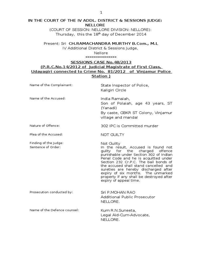 In The Court of The Iv Addl. District & Sessions Judge: Nellore | PDF | Prosecutor | Plea