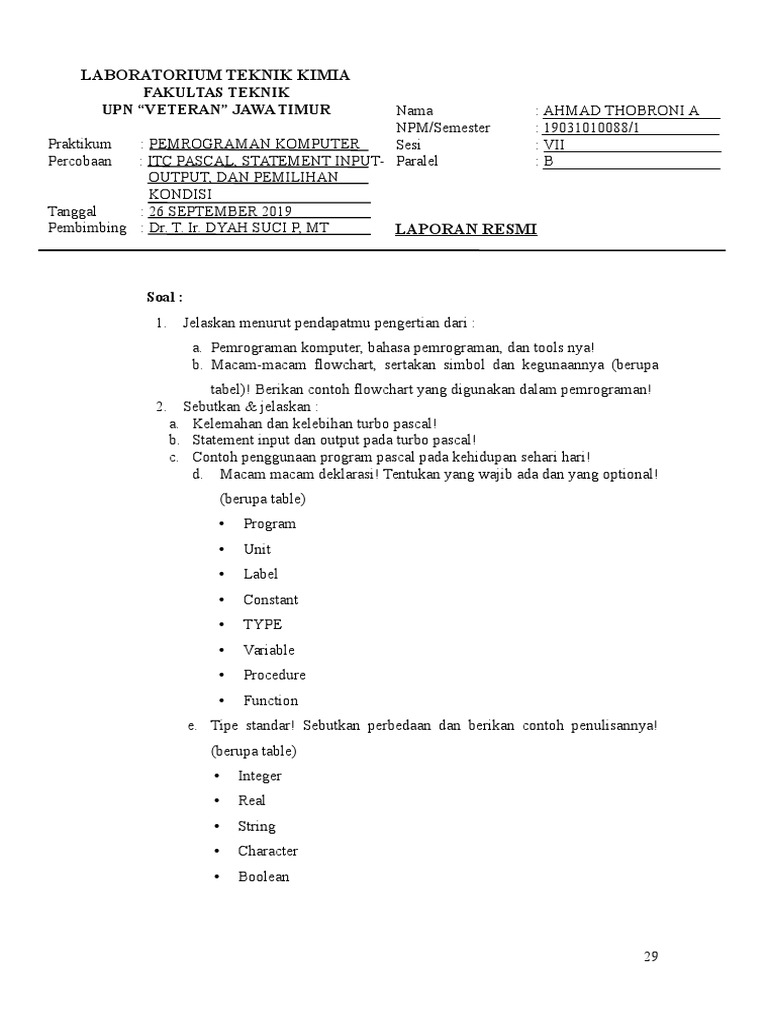 Lapres Modul 4 Itc Pascal, Statement Input Output, Dan Pemilihan Kondisi | PDF