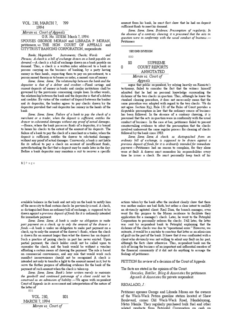 Moran v. CA | PDF | Cheque | Transaction Account