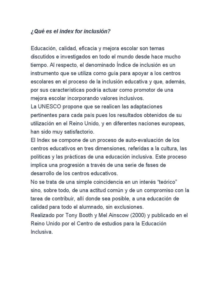 El Index para La Inclusión | PDF | Inclusión (Educación) | La ...