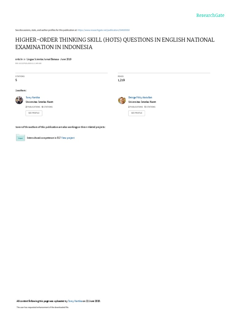 Higher-Order Thinking Skill (Hots) Questions in English National ...