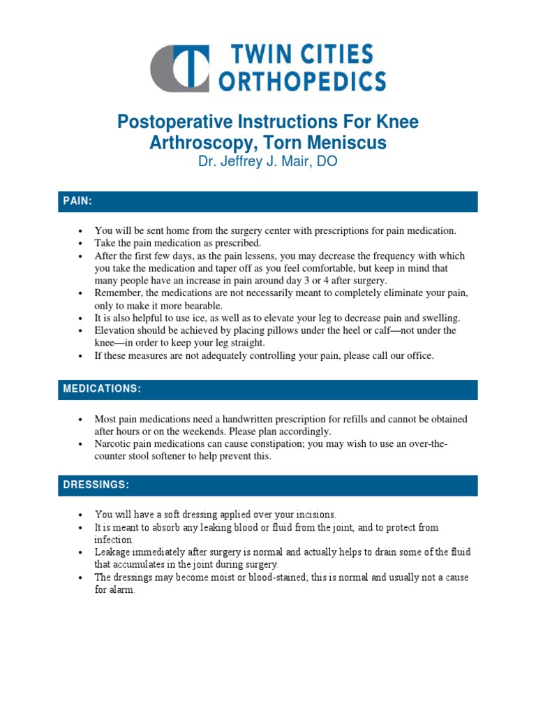 Postoperative Instructions For Knee Arthroscopy, Torn Meniscus | PDF ...