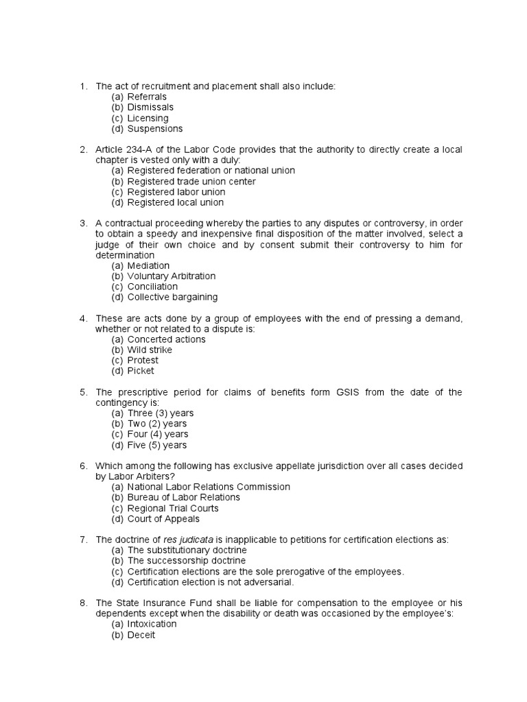 Labor law exam questions and answers | PDF | Overtime | Strike Action