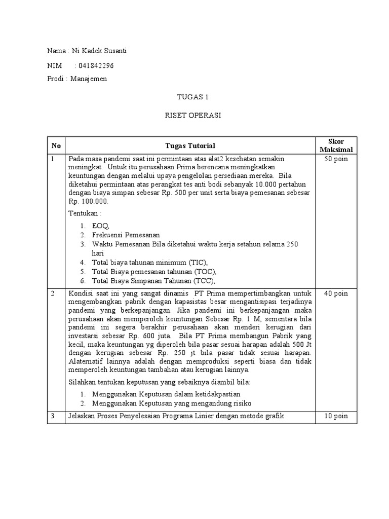 Tugas 1 Riset Operasi | PDF | Komputer