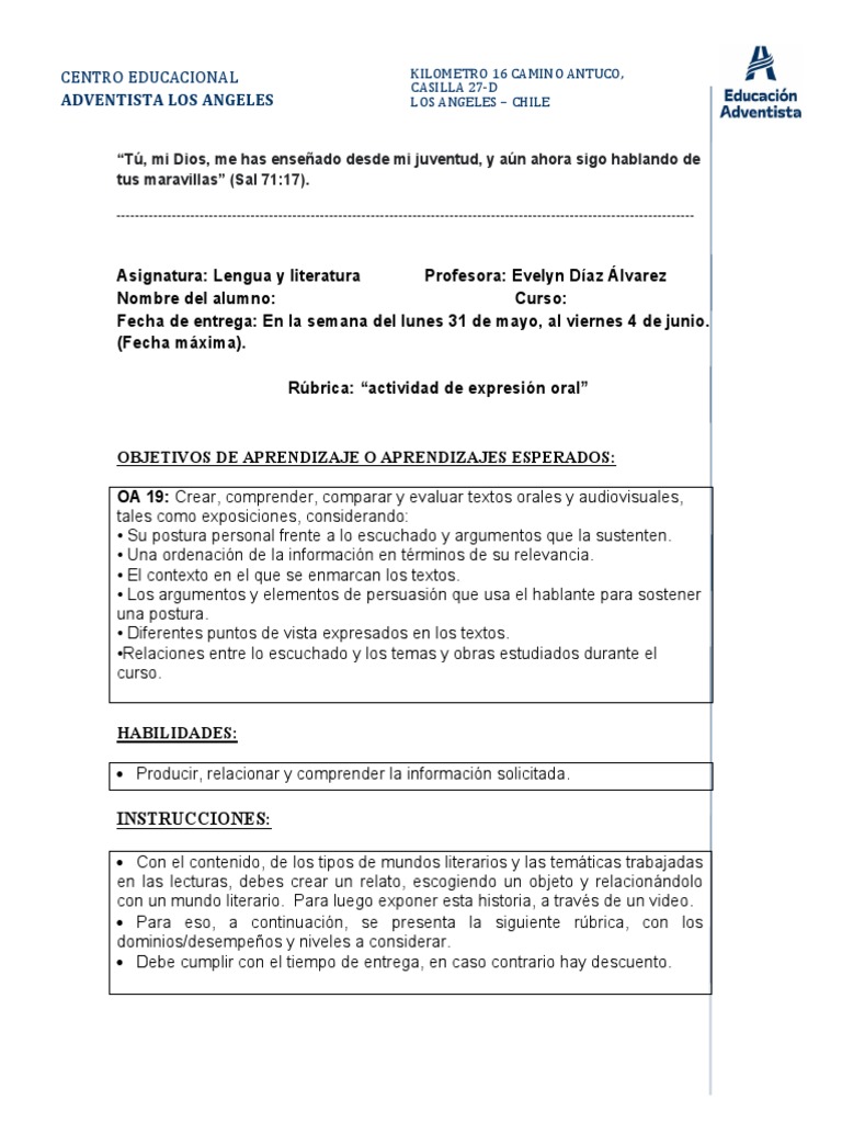 Rúbrica de Expresión Oral (Narrativa) | PDF | Rúbrica (Académica ...