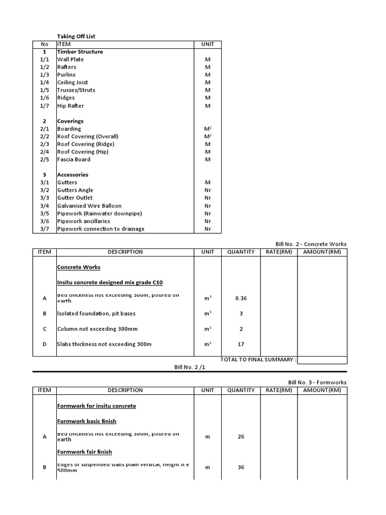 Taking Off List 1 Timber Structure | PDF | Concrete | Civil Engineering