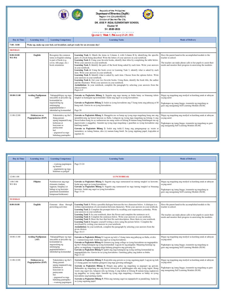 Grade 2 Weekly Learning Plan | PDF