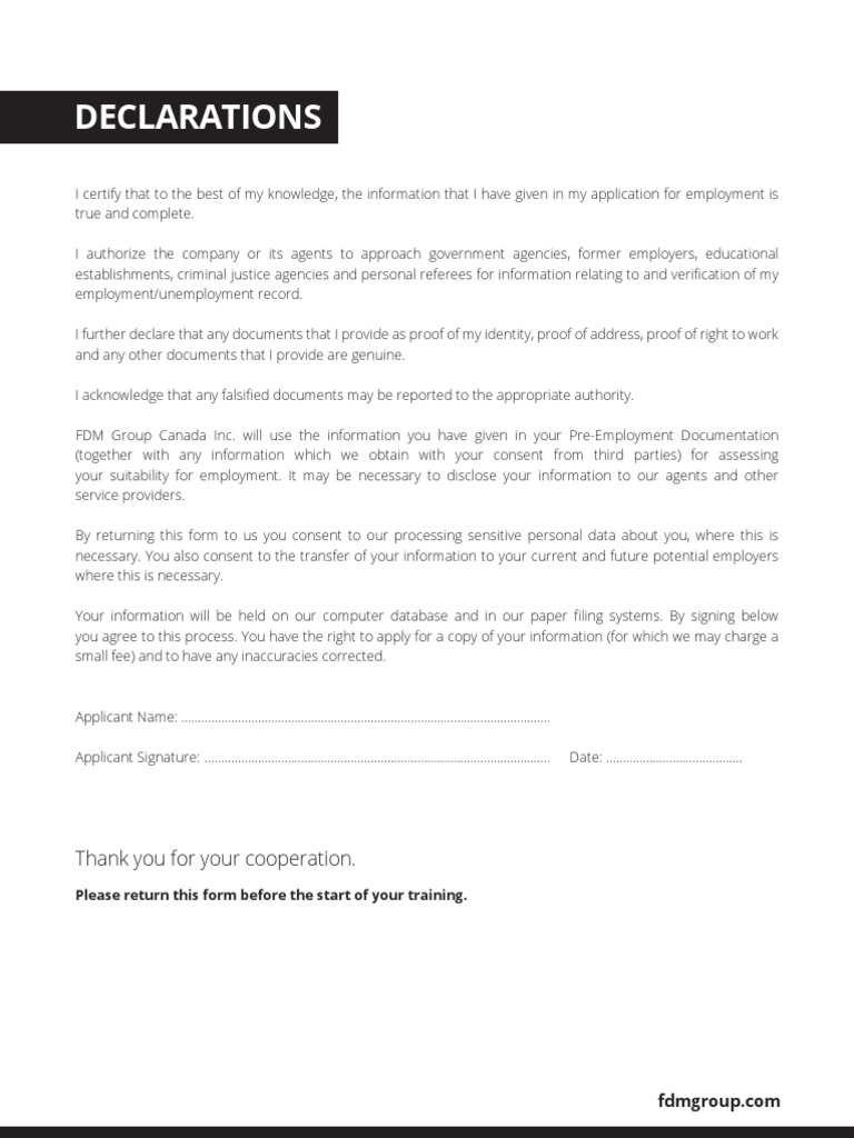 FDM Declaration Form FDM Group Toronto Canada | PDF