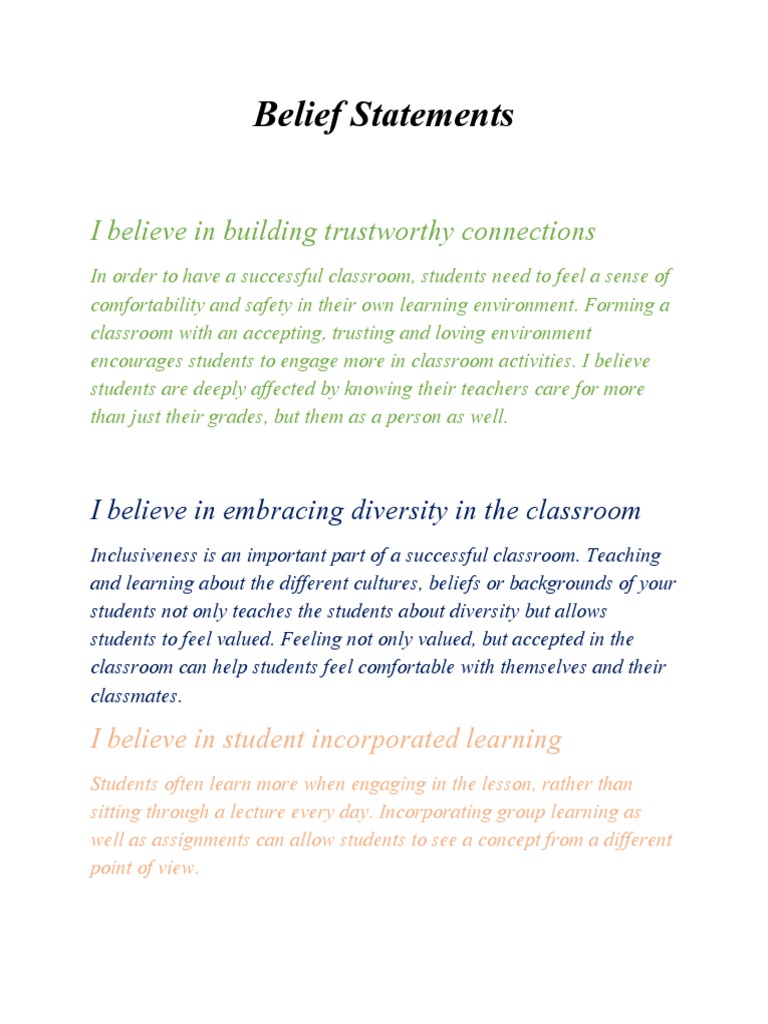 My I Believe Statements | PDF | Classroom | Attitude (Psychology)