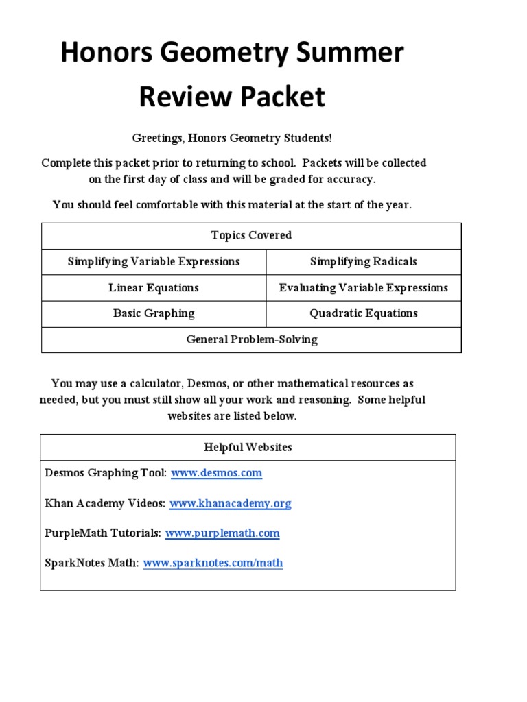 Summer Math Packet - Geometry Honors | PDF | Equations | Applied ...