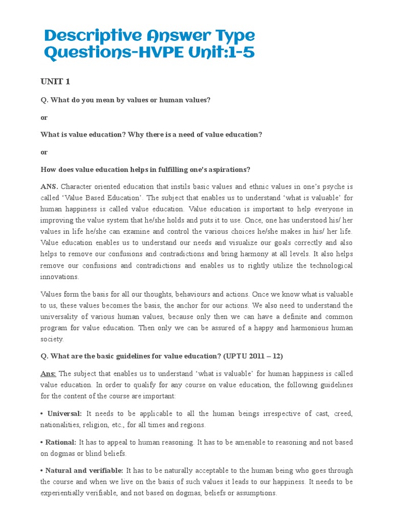 Descriptive Answer Type Questions-HVPE Unit:1-5 | PDF | Senses | Goal