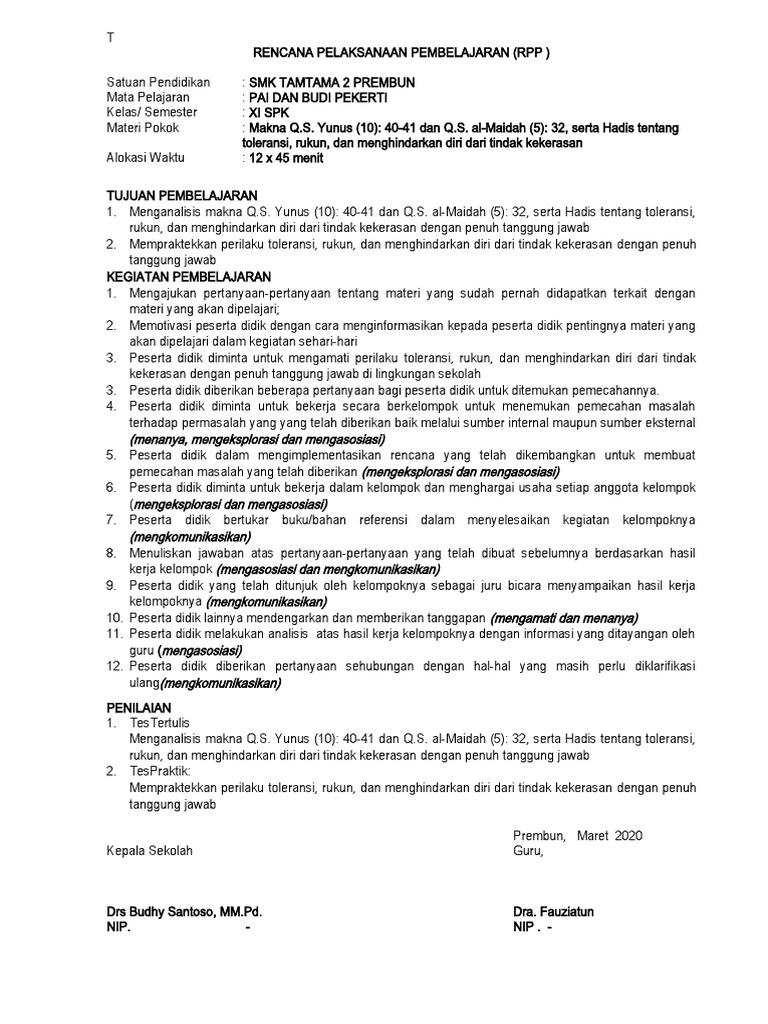 RPP Pai Kelas Xi - Toleransi | PDF