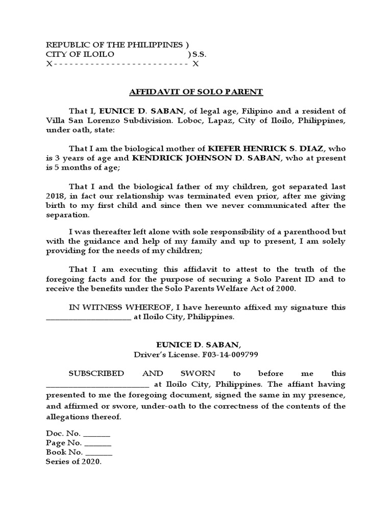 Affidavit of Solo Parent 2020 | PDF