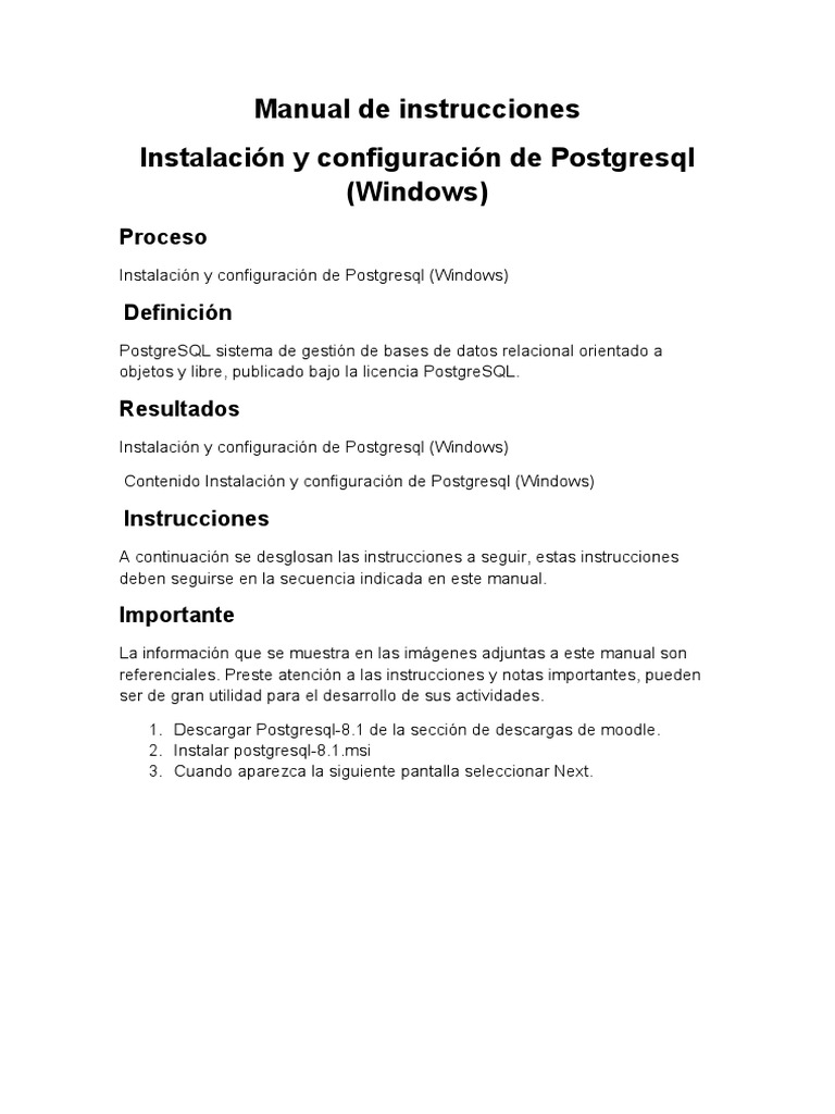 Manual de Instrucciones Instalacion y Configuracion de Postgresql en Windows | PDF