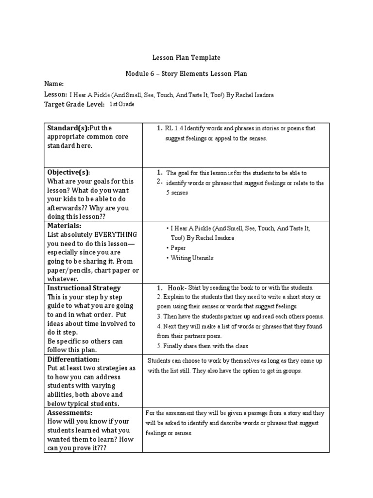 Kami Export - Story Elements Lesson Plan Template-1 | PDF | Senses | Lesson Plan