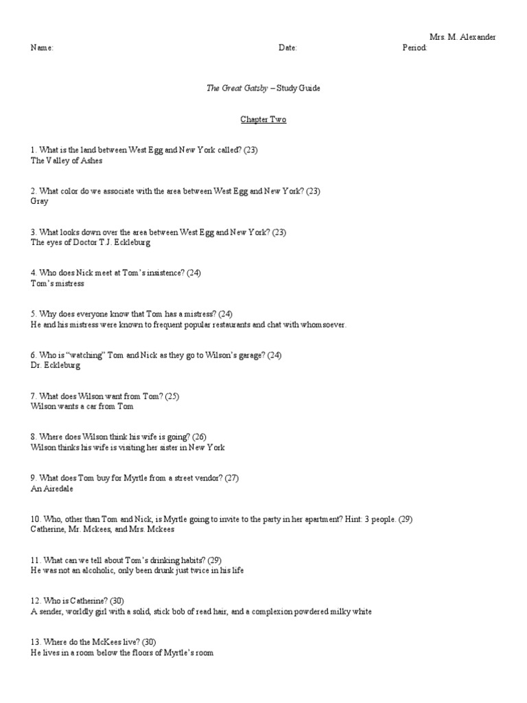 Gatsby Study Guide Chapter Two | PDF | The Great Gatsby